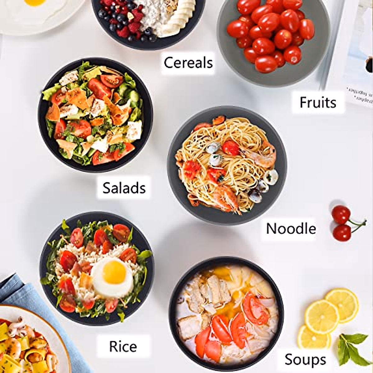 PYRMONT Cereal Bowl Set of 8-26 OZ Unbreakable Lightweight Bowls Set - Microwave and Dishwasher Safe Wheat Straw Bowls for Soup, Oatmeal, Pasta and Salad(Black Grey)