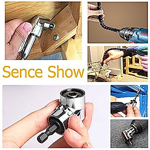 QISF 2Pcs 105 Degree 1/4 Inch Right Angle Drill Adapter Hex Shank Screwdriver Angled Bit Holder Power Drill Tool(1Pcs Short & 1Pcs Long) + 1Pcs Flexible Angle Extension Bit Kit for Screwdriver &Drill