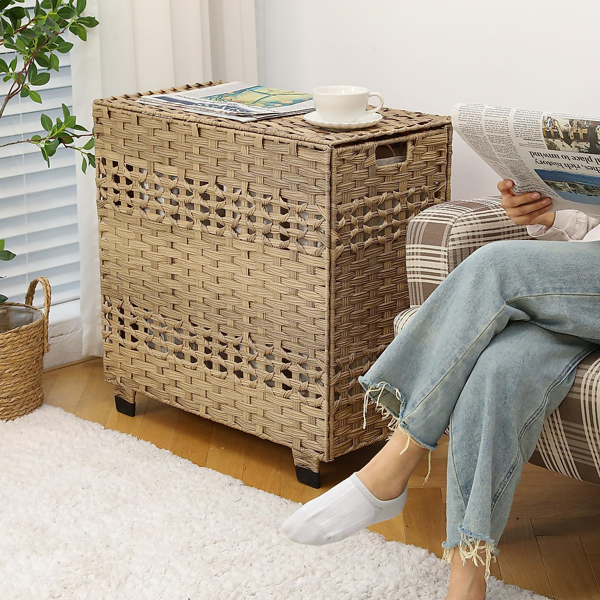 OIAHOMY Laundry Hamper with Lid, 135L Clothes Hamper with 3 Removable Liner Bags, Foldable Laundry Hamper for Bedroom, Synthetic Wicker Hamper with Lid, 27x 13 x 26 Inches, Yellow