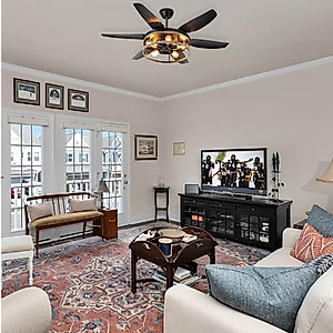 Ohniyou Farmhouse Ceiling Fan with Lights and Remote,52 inch Rustic Ceiling Fan with Caged Light Fixture, Retro Black Outdoor Ceiling Fans for Patio,Living Room,Dining Room,Bedroom