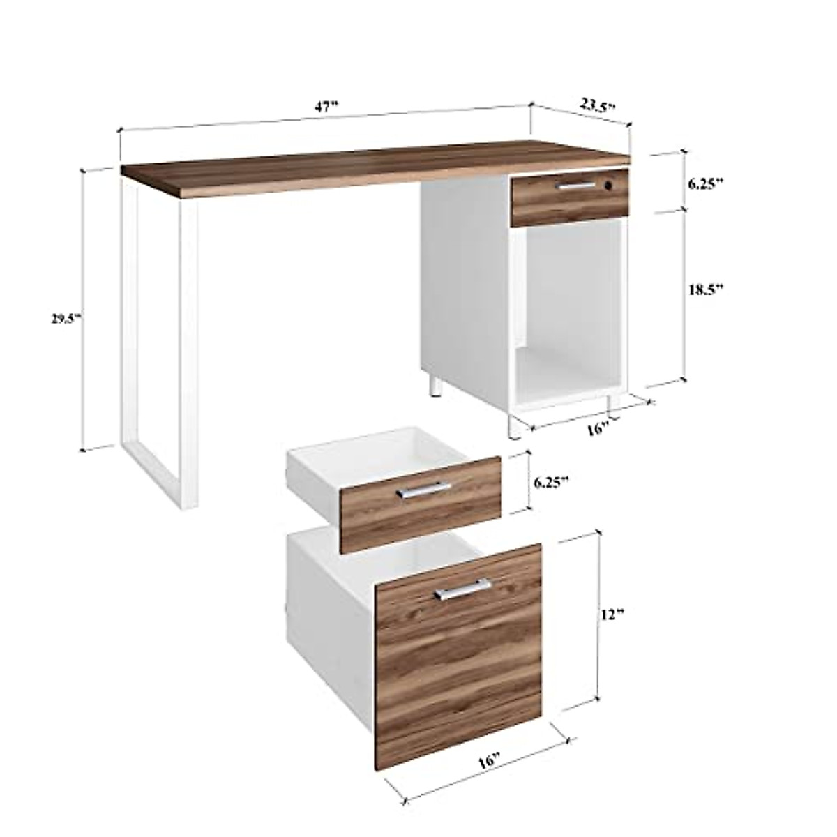 Milano Home Office Desk - 47Inch Cass Walnut/White Home Office Desk with Drawers - Modern Computer Desk with Storage, Detachable & Lockable Computer Cabinet - Wooden Office, Study, and Writing Table