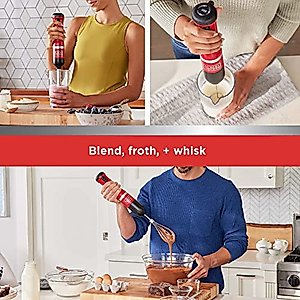 BLACK+DECKER Kitchen Wand Cordless Immersion Blender, 3 in 1 Multi Tool Set, Hand Blender with Charging Dock, Whisk and Milk Frother, Red (BCKM1013KS06)