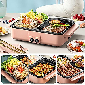 SNKOURIN Hot Pot with Grill,2 in 1 Indoor Non-Stick Electric Hot Pot and Frying Pan,Independent Temperature Control,Portable Multifunctional Smokeless Korean BBQ Grill for Indoor Outdoor Party (Pink)