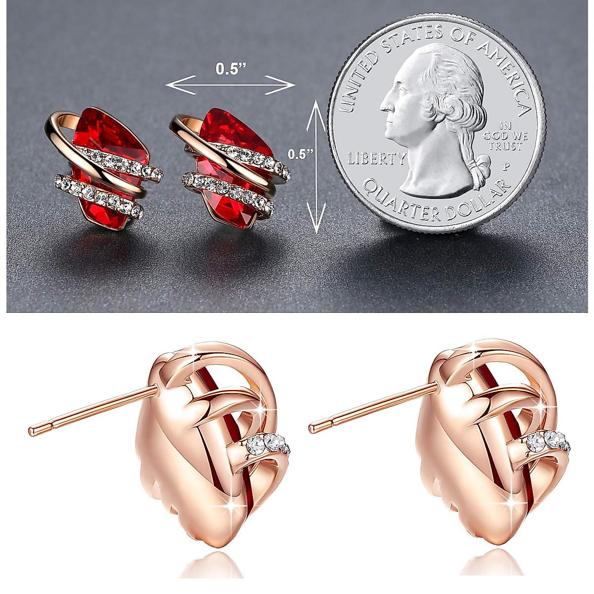 Leafael Wish Stone Stud Earrings with Ruby Red Birthstone Crystal for January and July, 18K Rose Gold Plated