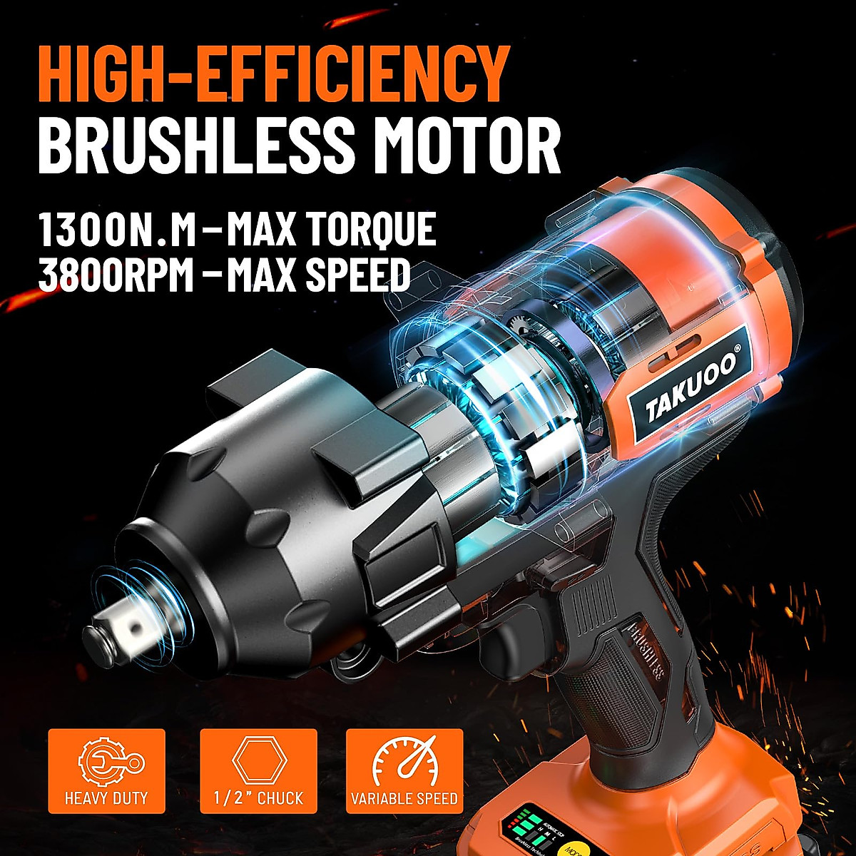 Takuoo 1300N.m(960Ft-lbs) Cordless Impact Wrench High Torque, 1/2" 21V Brushless Impact Gun w/2x 4.0AH Battery Fast Charger, Electric Power Impact Wrench for Truck RV Heavy-duty, 5 Sockets, Tool Box