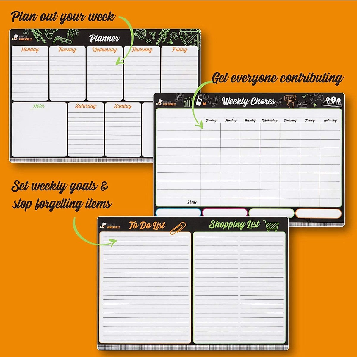 Howlin' Homewares Magnetic Dry Erase Board for Fridge - Stain Resistant Refrigerator Calendar with Fine Tip Markers and Large Eraser - Magnetic Whiteboard Weekly Planner
