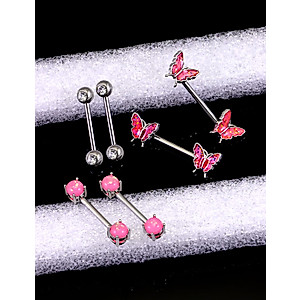 Vsnnsns 14G Nipple Rings for Women Stainless Steel Butterfly Nipple Rings Opal Nipple Piercing Jewelry Straight bar Nipple Rings Surgical Steel Nipple Jewelry Barbell Body Piercing Jewelry Pink