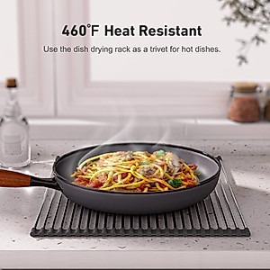 EMBATHER Roll Up Dish Drying Rack Over The Sink, 20.8'' x 18.1'' Dish Drying Rack for Kitchen Counter, Multipurpose Silicone Wrapped Foldable Kitchen Drainer Rack, Anti-Slip, Black