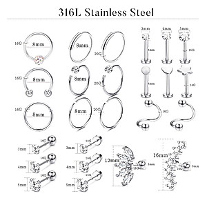 LOYALLOOK 25Pcs Cartilage Earrings Hoop Studs for Women 16-20G Labret Flat Ball Back Earrings Daith Tragus Helix Earrings