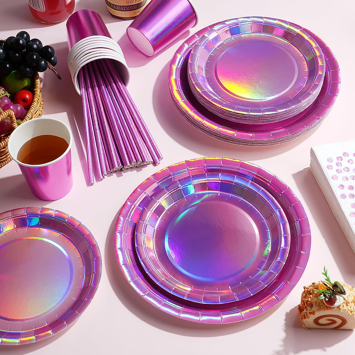 Iridescent Pink Party Supplies Decorations Serve 25, Hot Pink Holographic Paper Plates and Napkins Set, Disposable Pink Paper Plates Cups Knives Spoons Fork for Mermaid Disco Birthday Graduation Party
