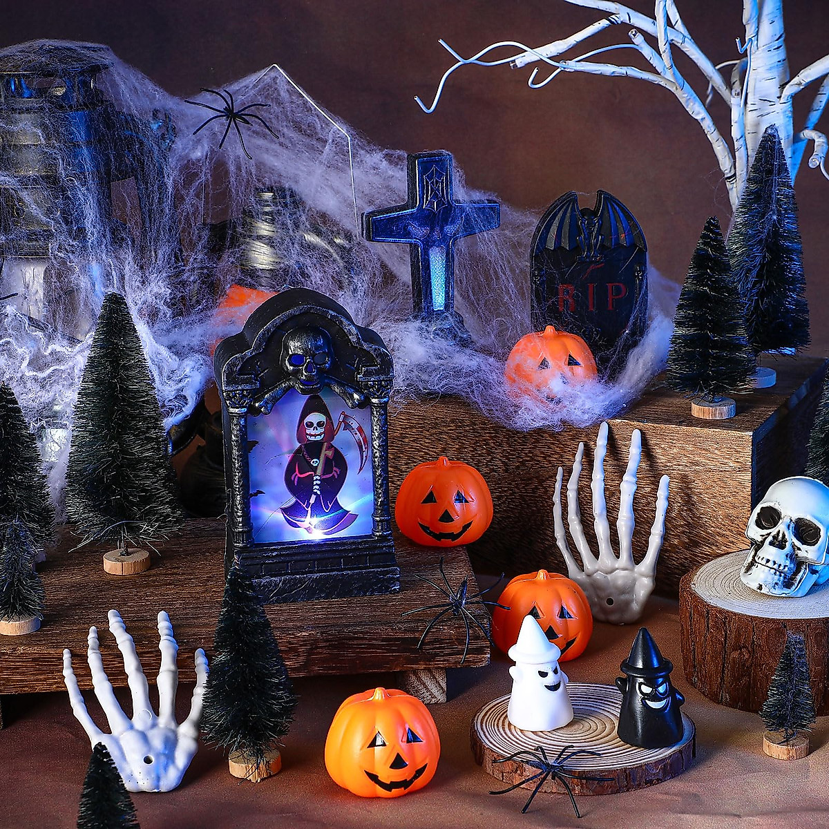 Retisee 28 Pcs Halloween Miniature Micro Landscape Village Accessories Ornaments Set Black Christmas Tree LED Tombstones Skeleton Pumpkin Statues for Halloween Party Set Decor