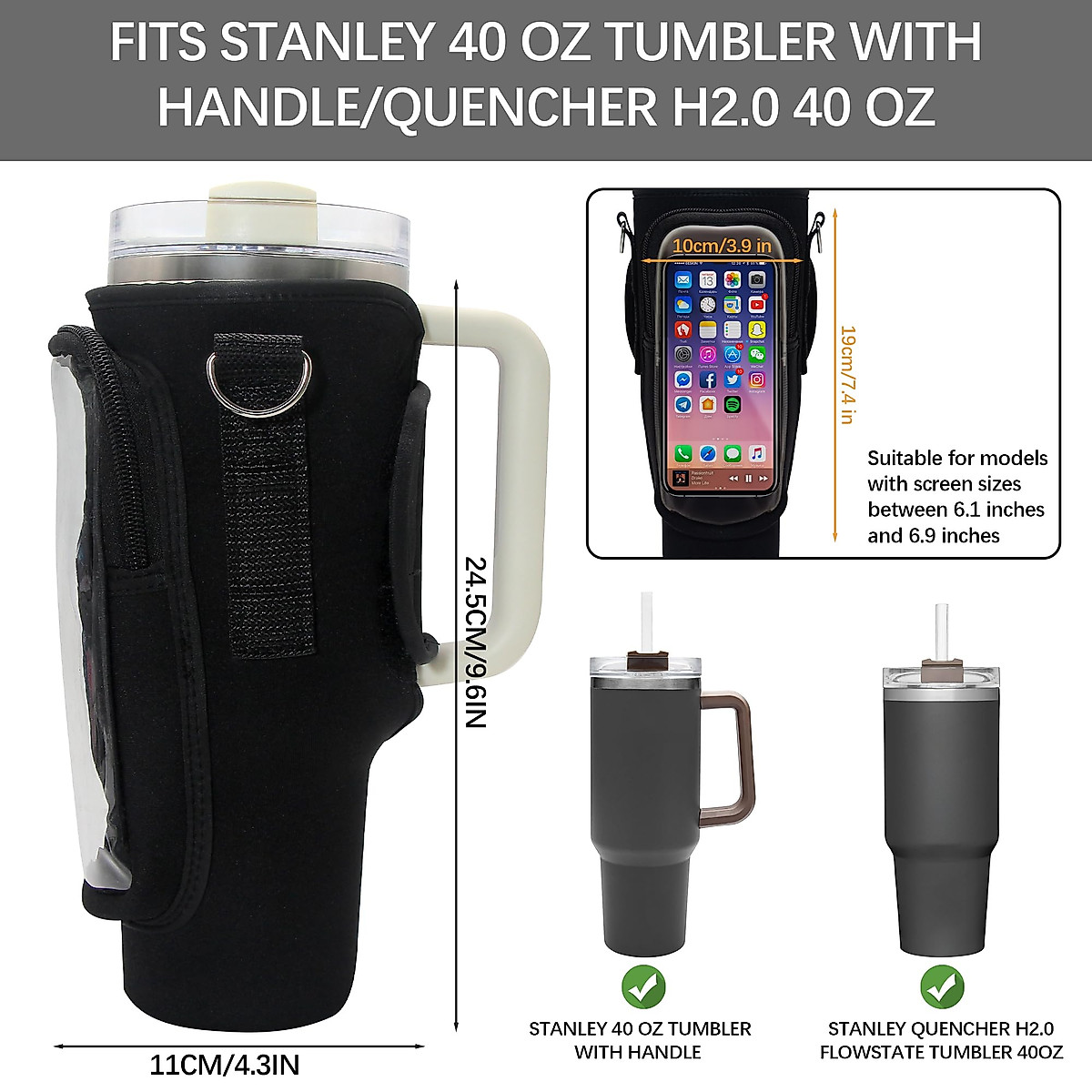 Water Bottle Holder Pouch with Strap for Stanley Quencher H2.0 and Adventure 40 oz Tumbler, Water Bottle Carrier Bag with Phone Pocket and 4 Stainless Steel Straws for Tumbler with Handle Accessories