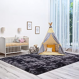 Ahlulu Cozy Soft Area Rugs, Indoor 8'X10' Fluffy Rugs for Living Room Bedroom Shag Tie-Dyed Dark Grey Rugs Non-Slip Fuzzy Kids Room Furry Rugs