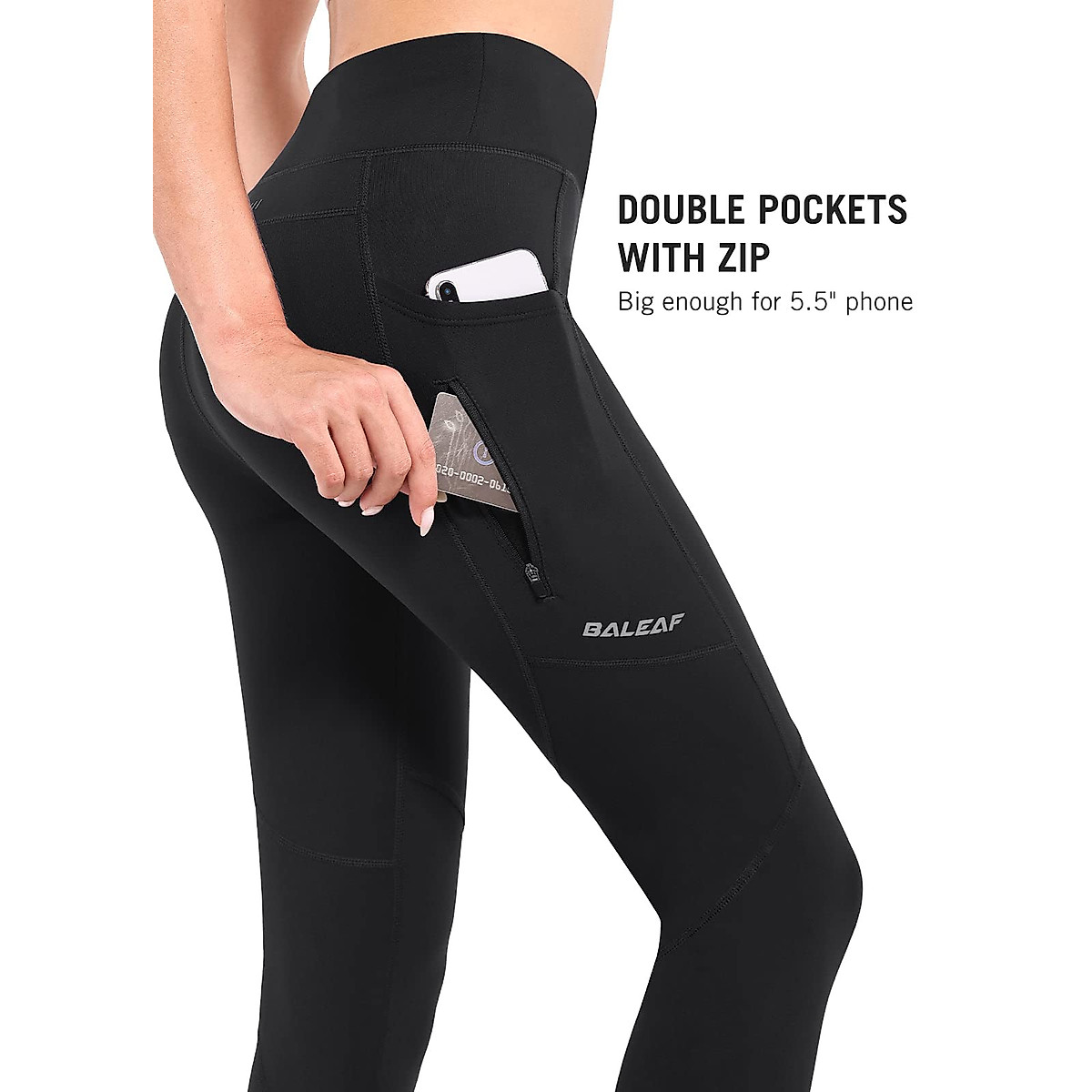 BALEAF Women's Fleece Lined Leggings Water Resistant Winter Clothes Running Tights Cold Weather Hiking Pants Zip Pockets Black L