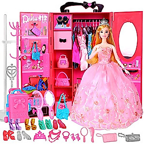 UCanaan 11.5 Inch Girl Doll and Closet Set with Clothes and Accessories-Lot 51 Items Including Fashion Dolls,Wardrobe, Trunk, Casual Wear, Dress, Swimsuits, Hangers, Shoes, Bags and Necklaces