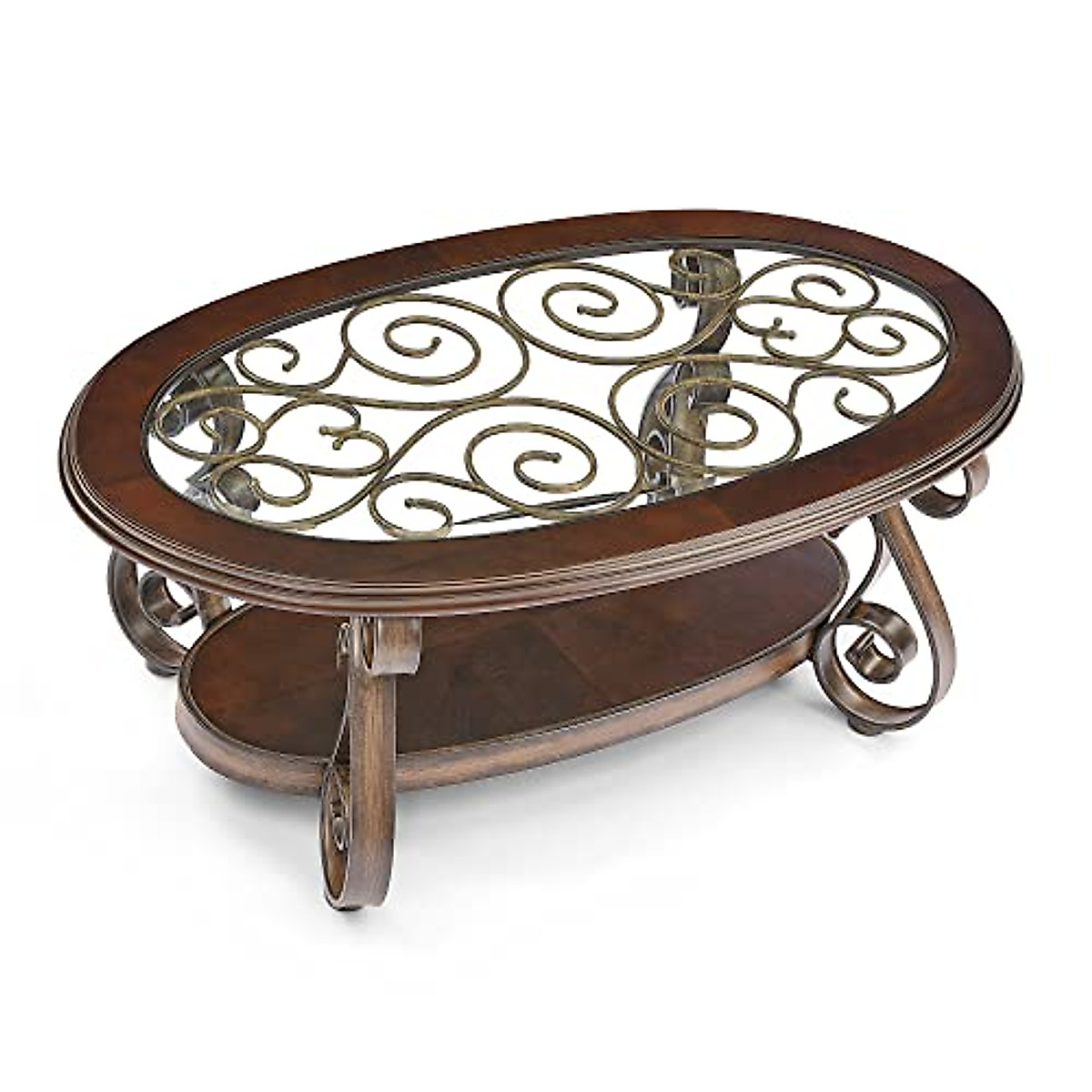 52" Cocktail Table Coffee Table, Rustic Glass Coffee Table Cocktail Tables with MDF W/Marble Paper Middle Shelf, Powder Coat Finish Metal Legs for Living Room, Office