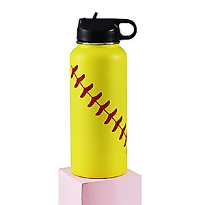 32 oz Baseball Sports Water Bottle Insulated 2 Lids Straw Travel Tumbler Durable Stainless Steel Vacuum Bottle (Yellow)