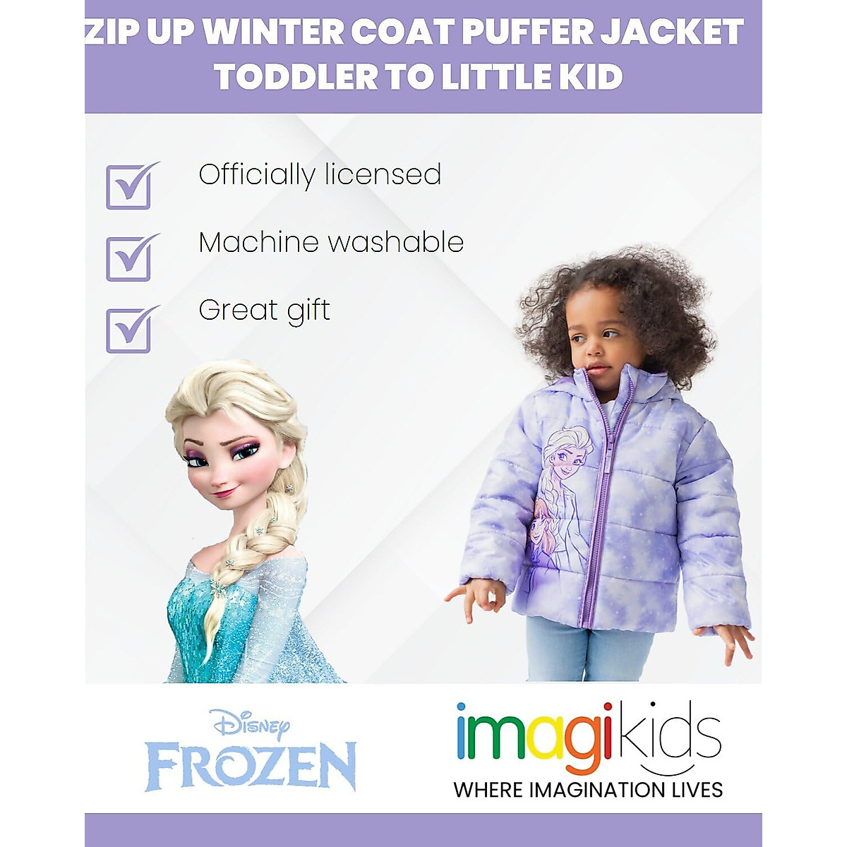 Disney Frozen Princess Anna Elsa Little Girls Zip Up Puffer Jacket Purple 7-8