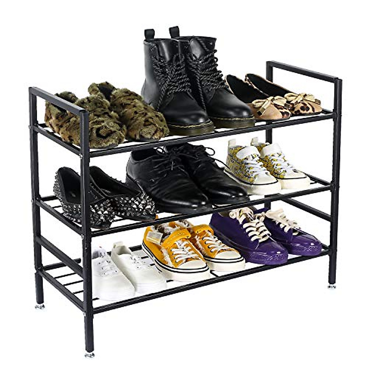 homtuzan Stackable Shoes Rack Storage Shelf- 3-tier or 6 tier Large Wire Grid Shoe Rack Organizer, Metal Space Saving Shoe Shelf, Expandable & Adjustable Shoe Shelf (Black, 3 tier)