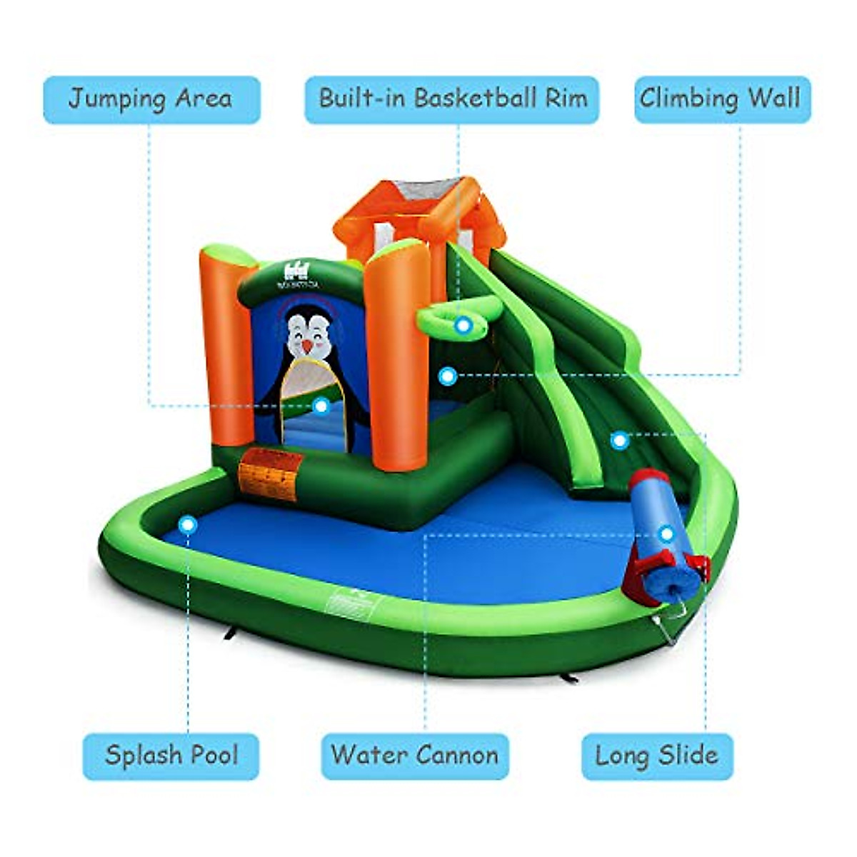 HONEY JOY Inflatable Water Slide Bounce House, 6 in 1 Outdoor Bouncy Water Park w/Splash Pool, Slide & Cannon, Climbing Wall, Penguin Blow Up Water Slides for Kids Backyard(with 735w Blower)