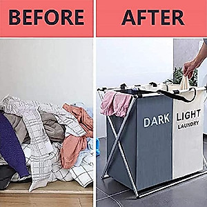 WANYU 125L Laundry Hamper 2 Section Basket Bin Washing Storage Bag Folding Hamper Sorter Aluminum X-Frame Cloth Organizer Durable for Bathroom Home with Carrying Handle (White+Grey)