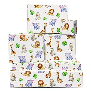 CENTRAL 23 Baby Wrapping Paper - 6 Sheets of Animal Gift Wrap and Tags - Hippo Lion Elephant Giraffe - Woodland Safari Jungle - for Boys Girls Kids - For Birthday or Baby Shower