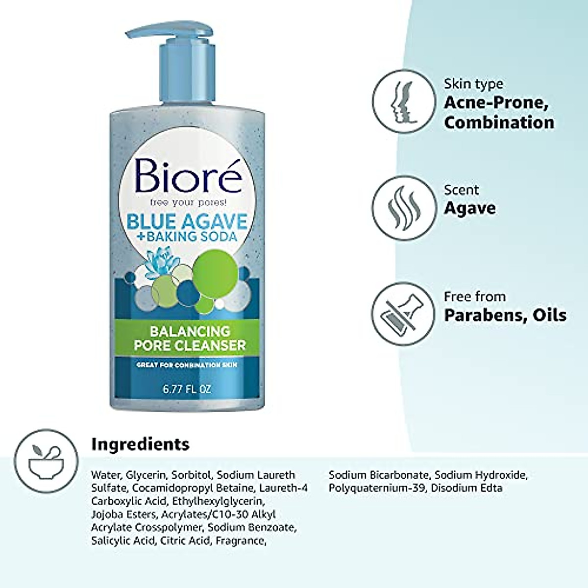 Bioré Daily Blue Agave + Baking Soda Balancing Pore Cleanser, Liquid Cleanser for Combination Skin, to Penetrate Pores & Gently Exfoliate Skin, 6.77 Ounce