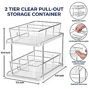 StoreHappily 2 Pack 2 Tier Clear Organizer with Dividers Multi-purpose Under Sink Organizers and Storage Pull Out Cabinet Organizer Plastic Drawer Organization and Storage for Bathroom and Kitchen