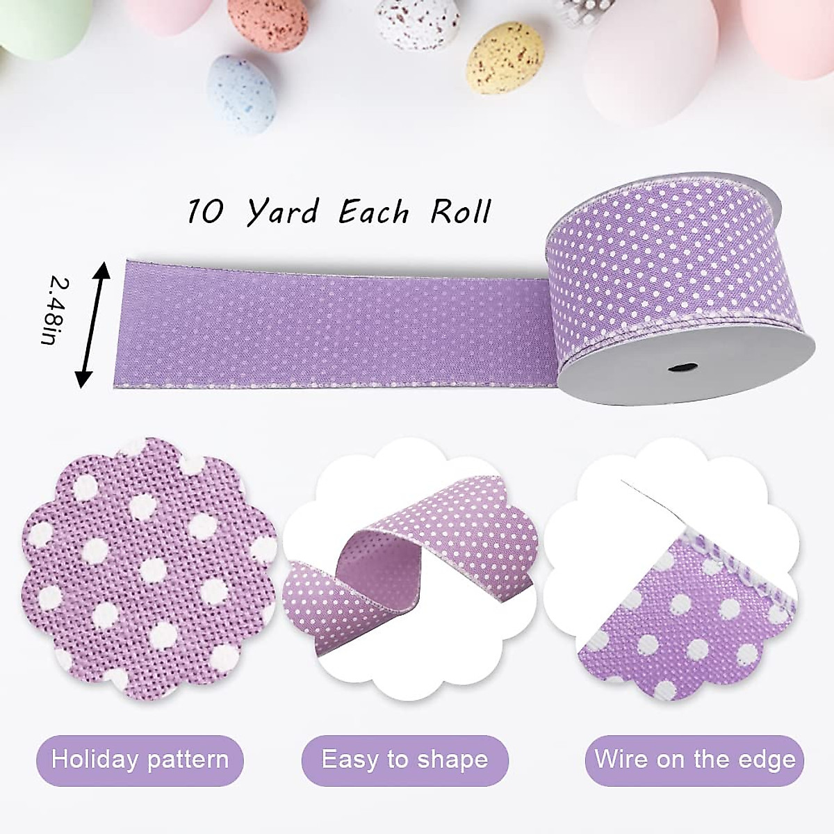 Spring Easter Ribbons for Wreath Bows Wrapping Gifts, Polka-Dots Purple Ribbons for Easter Decoration DIY Crafts, 2.48" X 10 Yards Spring Wired Edge Burlap Ribbon