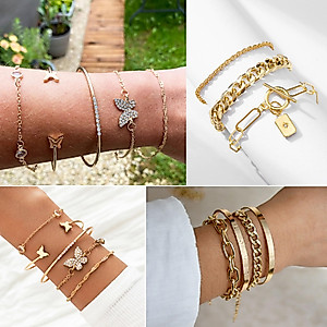 17IF 25 Pcs (6 Pack) Gold Chain Bracelets Set for Women Boho Punk Stackable Y2K Multipack Layered Bangles Pack Adjustable Cuff Italian Cuban Anklet Charm Chunky Bracelet Bundle Jewelry