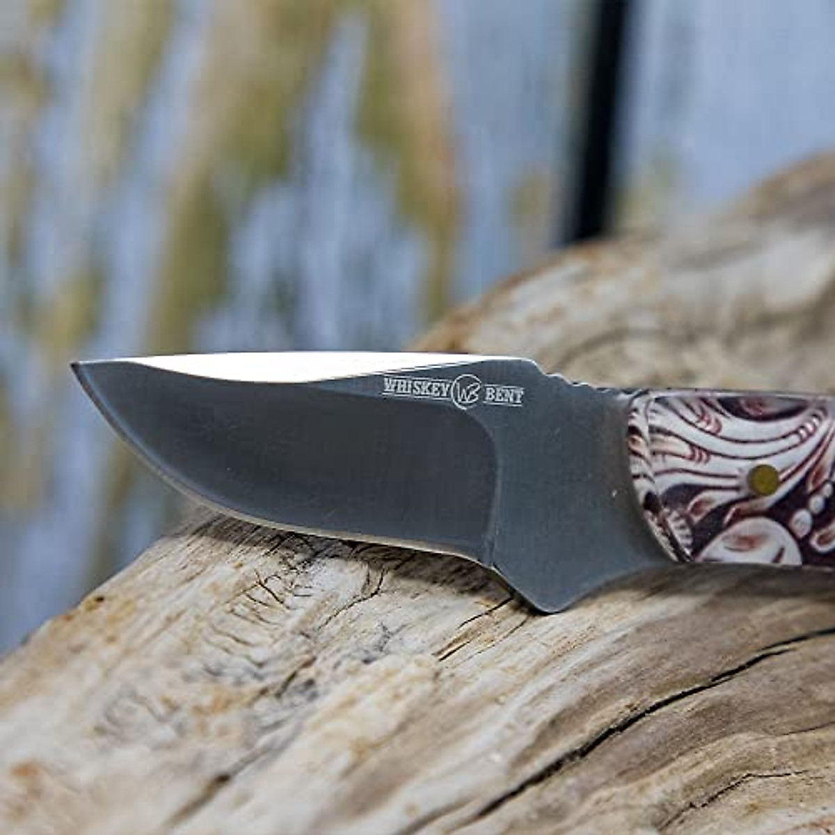 WHISKEY BENT HAT CO. Mini Skinner 440 Steel Fixed Blade Knife w/Leather Sheath (Tooled Leather)