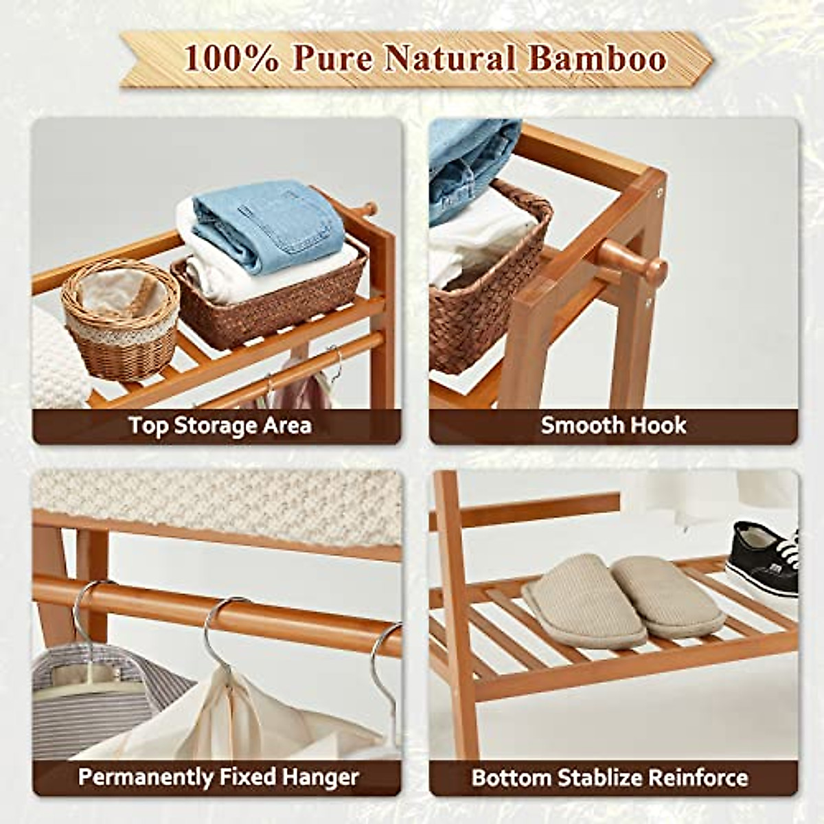 Azaeahom Bamboo Clothing Rack, Garment Coat Clothes Hanging Movable Duty Rack, 5-in-1 Shoe Hat Storage Organizer Shelves for Bedroom, Entrance, Home