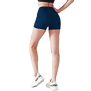 CADMUS Women's High Waist Yoga Shorts Spandex Running Side Pockets, 16#, Navy & Grey & Black,Medium