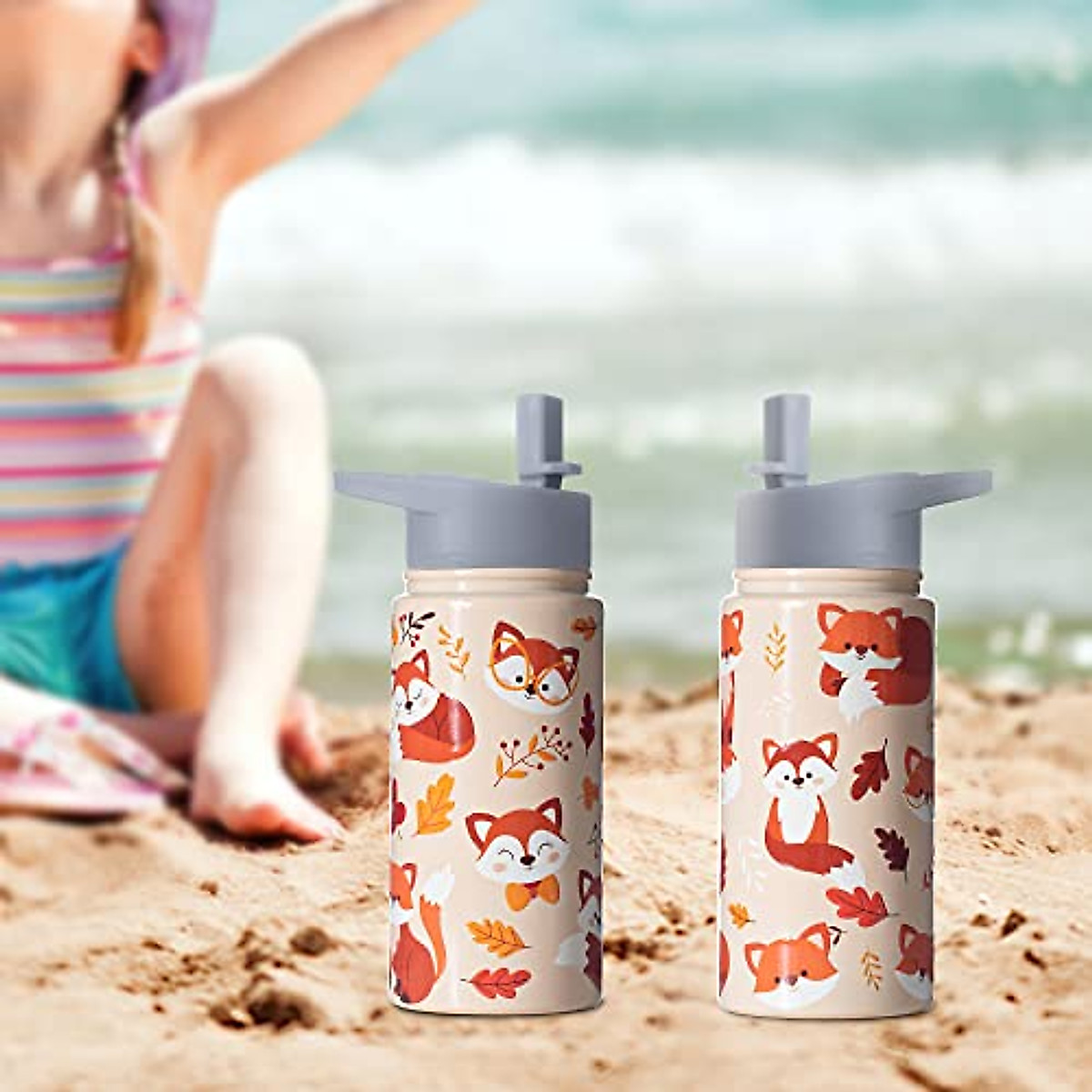 Weboia Kids Autumn Cute Water Bottle Fox Insulated Water Bottles BPA Free Double Wall Vacuum 15 oz Kids Cup with Straw Lid Leak Proof Fox Water Bottle Autumn Gift for Boys Girls School