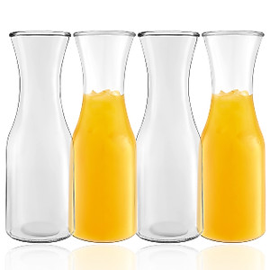 Kitchen Lux Glass Carafe, 1 Liter Drink Pitcher & Elegant Wine Carafe Decanter, Carafe Set of 4, Mimosa Bar Carafes & Juice Glasses, Easy Pour Bottles, Glass Water Carafe, 34 oz