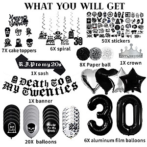 Black 30th Birthday Decorations for Women or Men, Death to My 20s Decorations, Death to My Twenties Banner Number 30 Balloons Rip to My 20s Sash Cake Toppers for Rip 20s Birthday Decorations