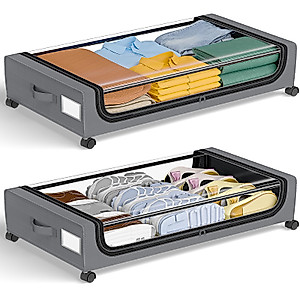 GoMaihe Under Bed Storage with Wheels: XXL 48L Underbed Storage Containers with Lids - Rolling Drawers for Shoes Clothes in Dorm Bedroom - Space-Saving Easy Pull-out Grey 2-Pack
