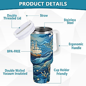 ARGTILDN 40 oz Tumbler Sea Sailboat Underwater World Insulated Travel Mug with Handle and Straw Lid Stainless Steel Vacuum Coffee Cup Tea Beverage Container Water Bottles for Car Sports office