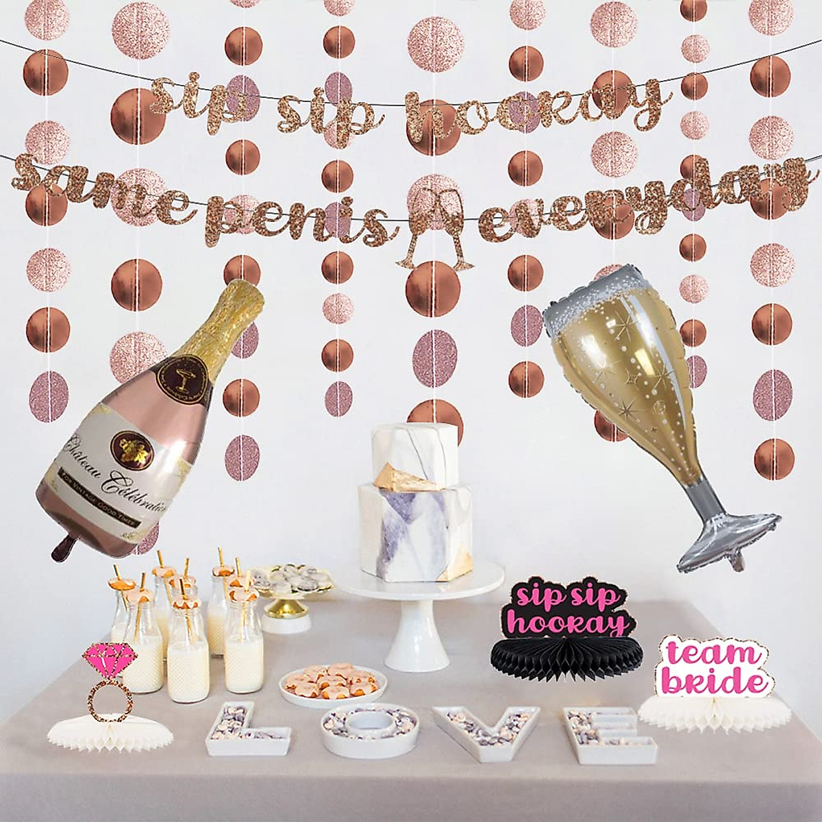 CrzPai Bachelorette Party Decorations, Rose Gold Bridal Shower Party Supplies Sip Sip Hooray Banner, Hanging Decors, Photo Booth Props, Honeycomb Centerpieces, Balloons for Wedding Engagement Party