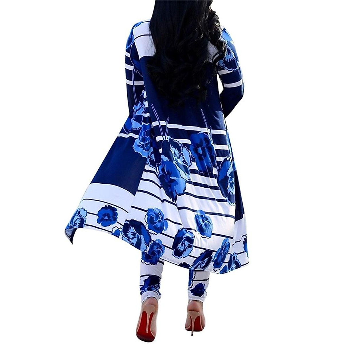 Womens Floral Print Long Sleeve Cardigan Cover up Long Pants 2 Piece Outfits Set Blue