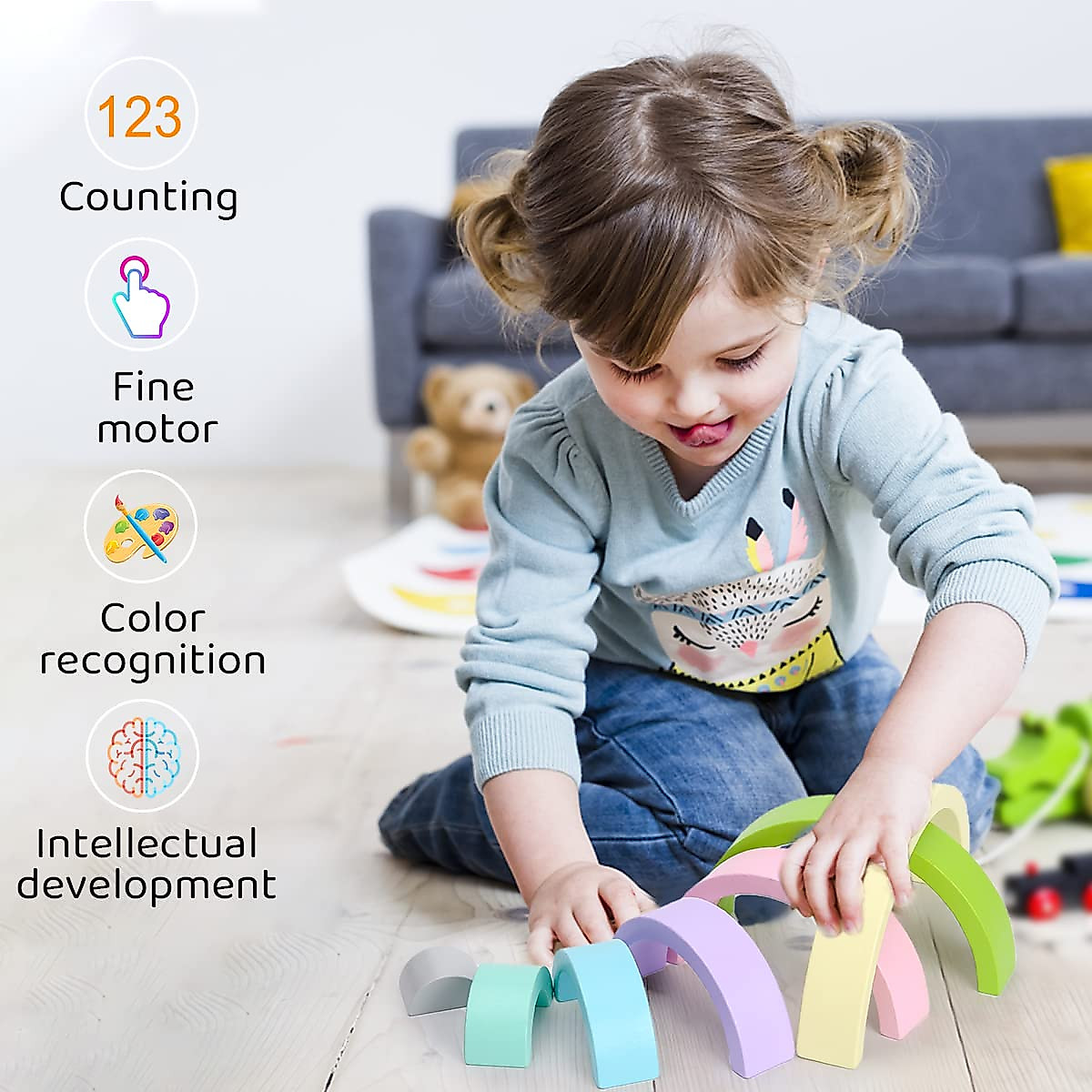 Wooden Rainbow Stacker Nesting Puzzle Blocks, 7pcs Wooden Sorting & Stacking Toys for Toddlers, Building Blocks Set Early Educational Montessori Matching Toys for Preschool Boys Girls