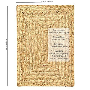 Homespice George Natural Jute Rug 4x6', Beautifully Hand Braided Farmhouse Rug in Rustic Burlap Style, Reversible, and Durable Braided Rug