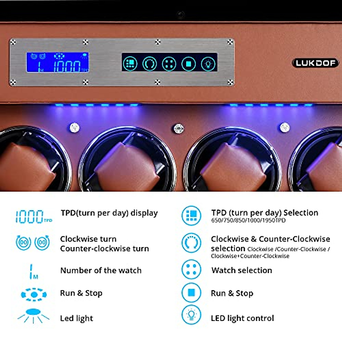 LUKDOF Walnut Watch Winder for 8 Automatic Watches Winding+ 6 Storage Slots LED Backlight Watch Display Box Touchscreen Automatic Rotation Case with Quiet Mabuchi Motors for Men and Women Gift