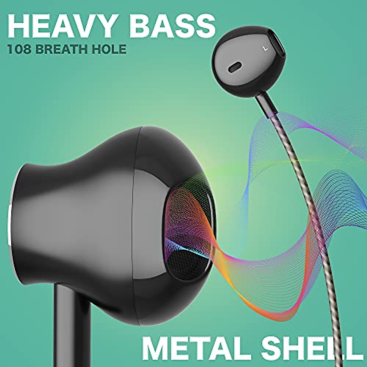 Wired Earbuds with Mic Tangle Free Cord 3.5mm Jack Metal Headphones with Volume Control Extra Bass Noise Cancelling Earphones for Gaming Music Video Apple iPhone iPad Laptop Computer PC Black