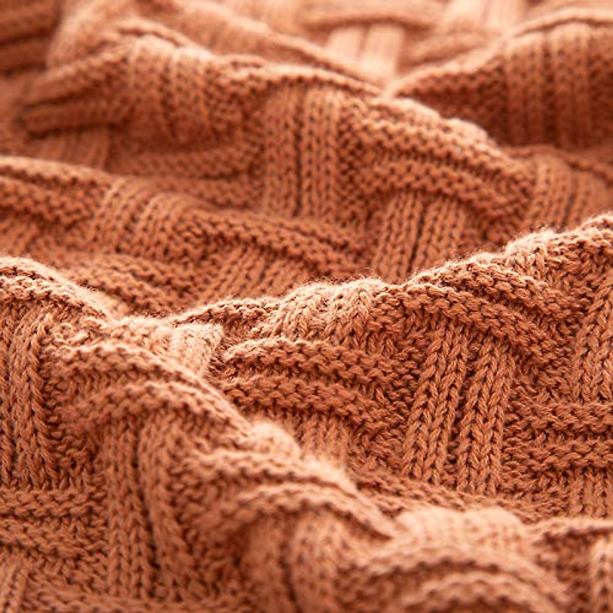 RUDONG M Brown Cotton Cable Knit Throw Blanket, Cozy Warm Knitted Couch Cover Blankets, 60 x 80 Inch
