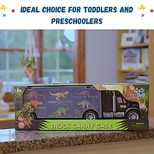 Dinosaur Toys for Kids 3-7. Dino Truck Carrier with 15 Figures + Bonus Book