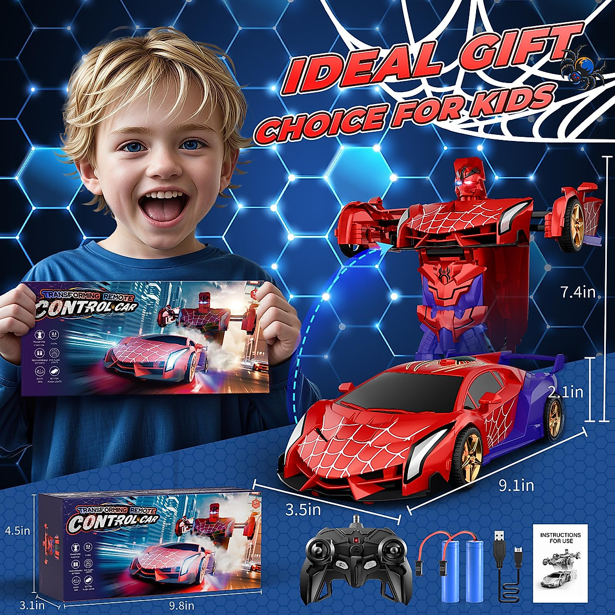 Spider Transform RC Cars Toys with Eye & Underbody Lights, 2.4GHz Remote Control Car One-Button Deformation, Fast 360°Rotation Robot Toys Birthday Gifts for 3 4 5 6 7 8 9 10 Year Old Boys Age 4-7 8-12