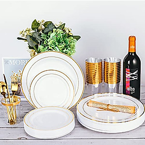 N9R 150PCS Gold Plastic Plates with Plastic Cutlery Set and Cups, Disposable Silverware include 25 Dinner Plates, 25 Dessert Plates, 25 Forks, 25 Knives, 25 Spoons, 25 Cups for Party and Wedding