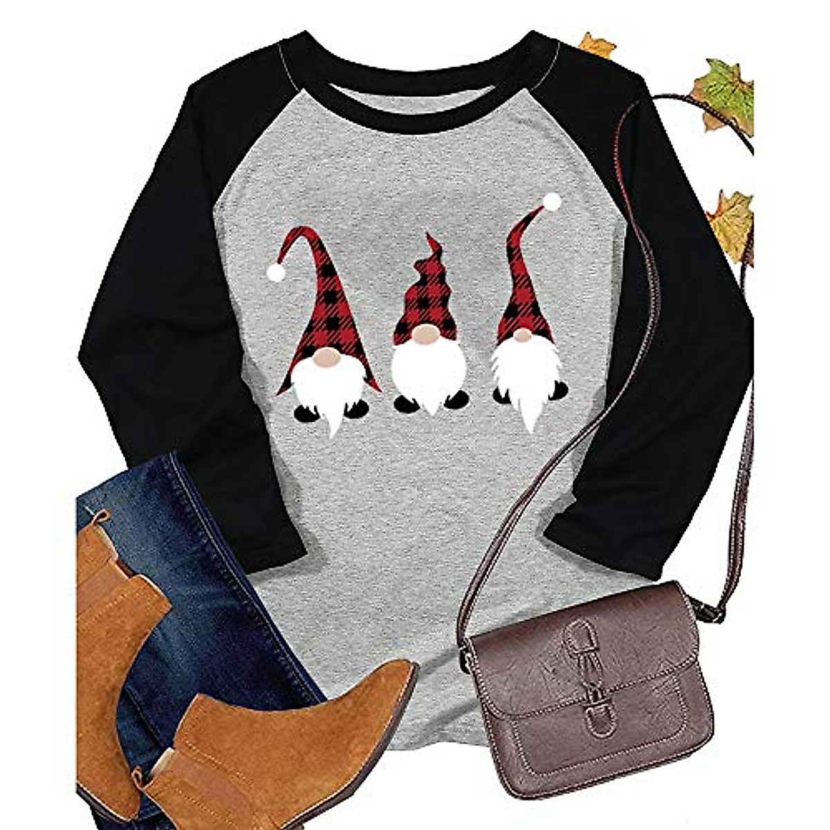 T&Twenties Women's Christmas Gnome Shirt Cute Raglan Baseball Gnome T Shirts Christmas Short Sleeve Long Sleeve 3/4 Tees
