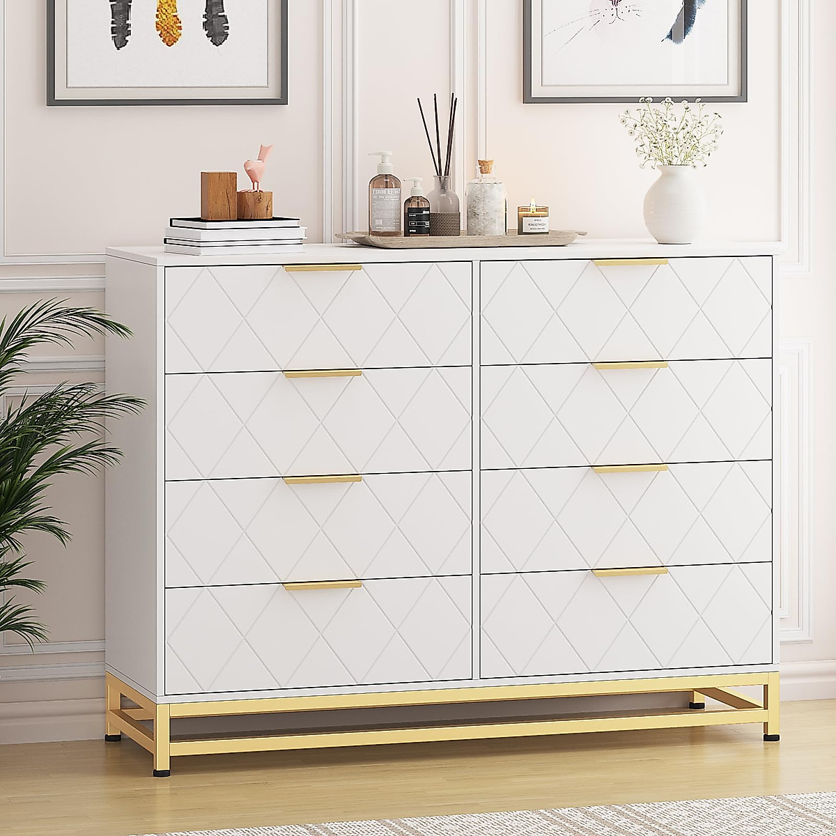 Patikuin 8 Dresser for Bedroom Wooden with 8 Drawer, Chest of Drawers Wide Dresser with Metal Handle, White Dresser for Bedroom,Living Room,Hallway and Entryway